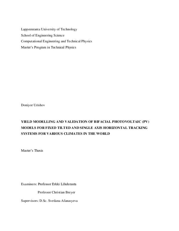 Pdf Yield Modelling And Validation Of Bifacial Photovoltaic Pv Models For Fixed Tilted And