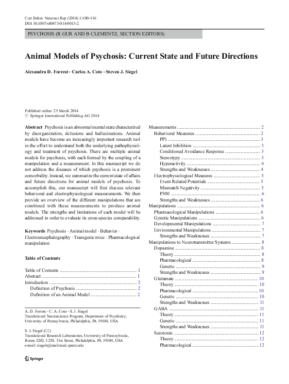 (PDF) Animal Models of Psychosis: Current State and Future Directions