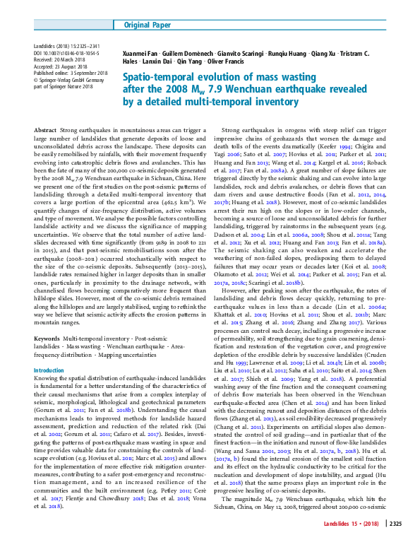 (PDF) Spatio-temporal evolution of mass wasting after the 2008 Mw 7.9 ...