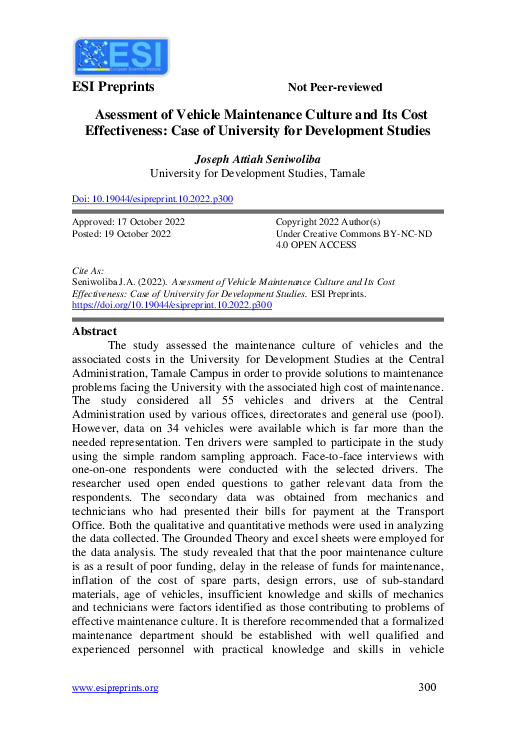 (PDF) Asessment of Vehicle Maintenance Culture and Its Cost ...