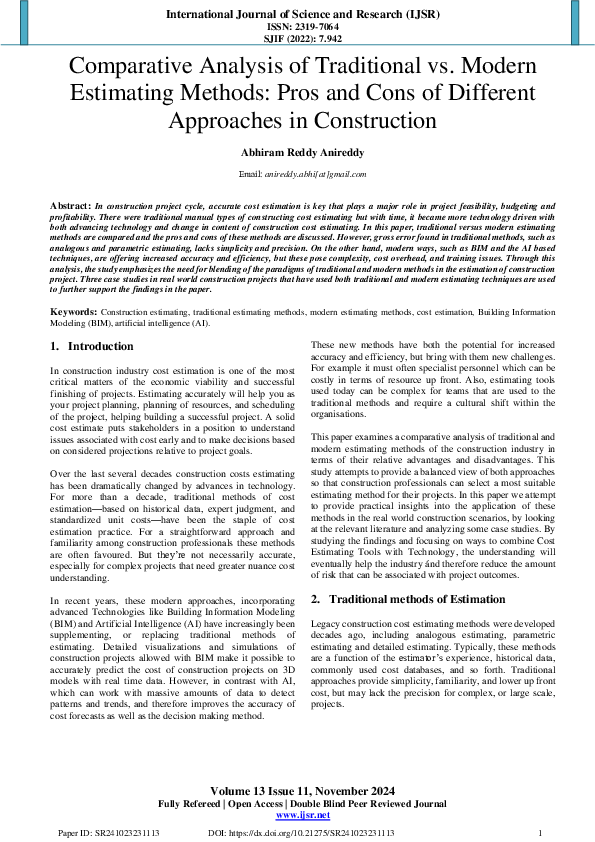 (PDF) Comparative Analysis of Traditional vs. Modern Estimating Methods: Pros and Cons of ...