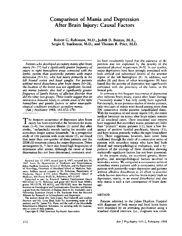(PDF) Comparison of mania and depression after brain injury: causal factors