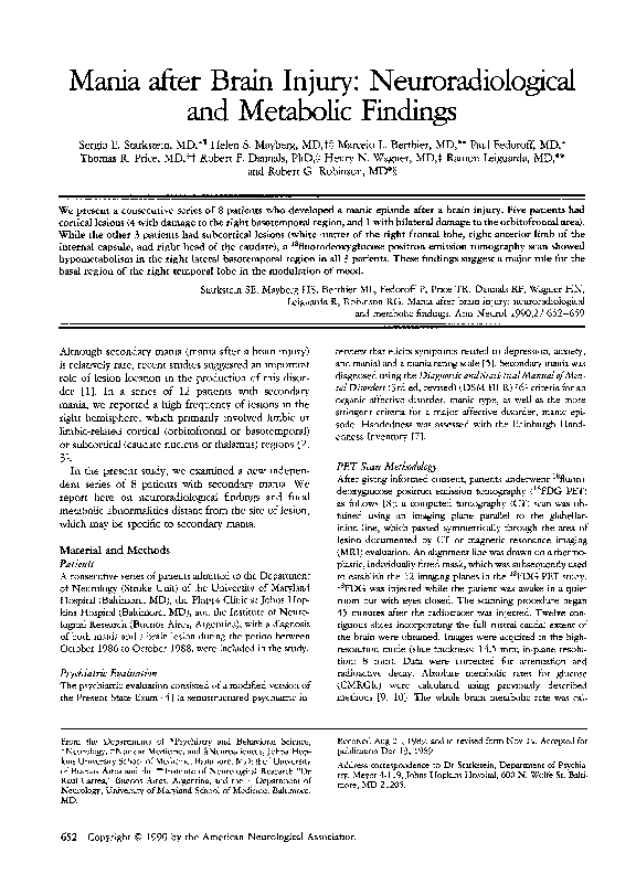 (PDF) Mania after brain injury: Neuroradiological and metabolic findings