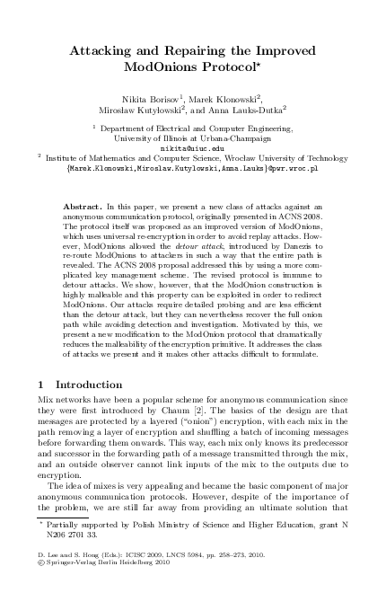 (PDF) Attacking and Repairing the Improved ModOnions Protocol