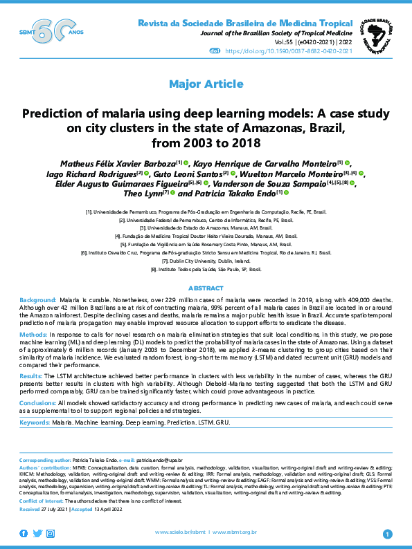 (PDF) Prediction of malaria using deep learning models: A case study on city clusters in the ...