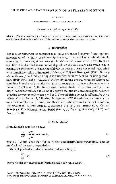 (PDF) Numerical stabilization of Keplerian motion