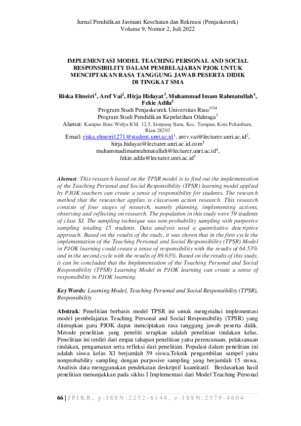 (PDF) Implementasi Model Teaching Personal and Social Responsibility ...