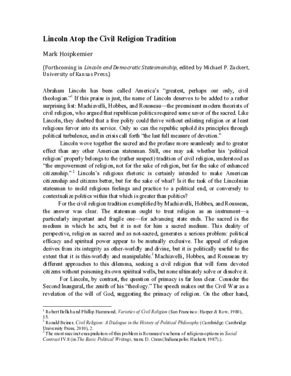 (PDF) Lincoln atop the Civil Religion Tradition