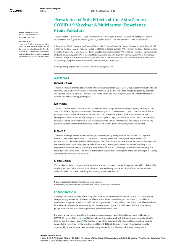 (PDF) Prevalence of Side Effects of the AstraZeneca COVID-19 Vaccine: A ...