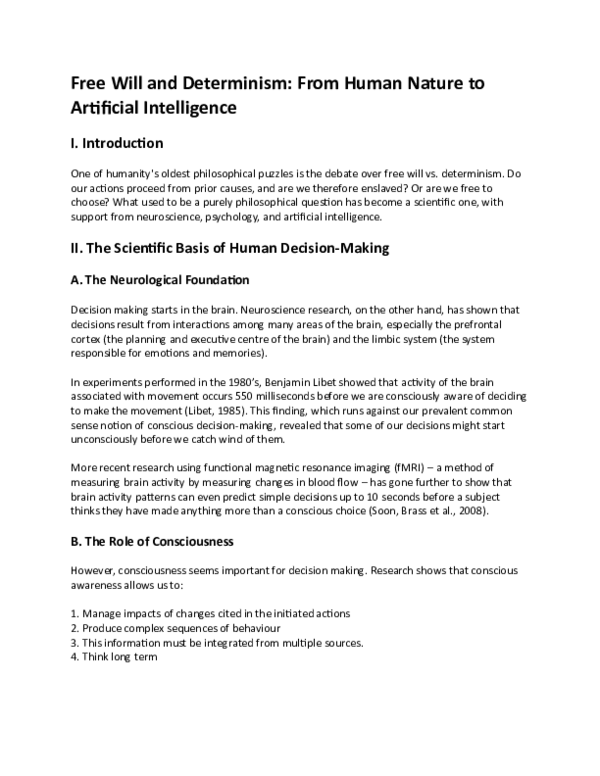 (PDF) Free Will and Determinism: From Human Nature to Artificial Intelligence