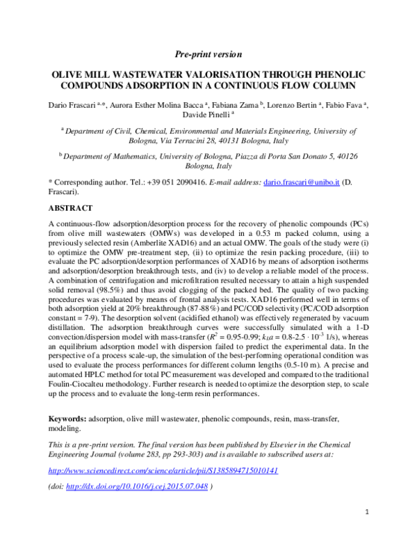 (PDF) Olive mill wastewater valorisation through phenolic compounds ...