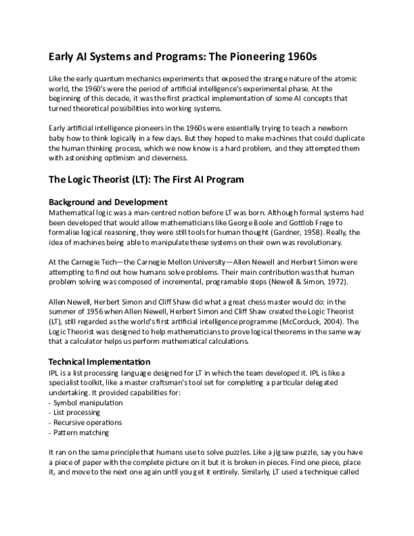 (PDF) Early AI Systems and Programs - The Pioneering 1960s