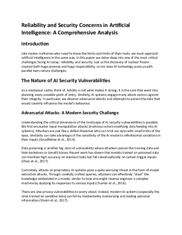 (PDF) Reliability and Security Concerns in Artificial Intelligence: A Comprehensive Analysis