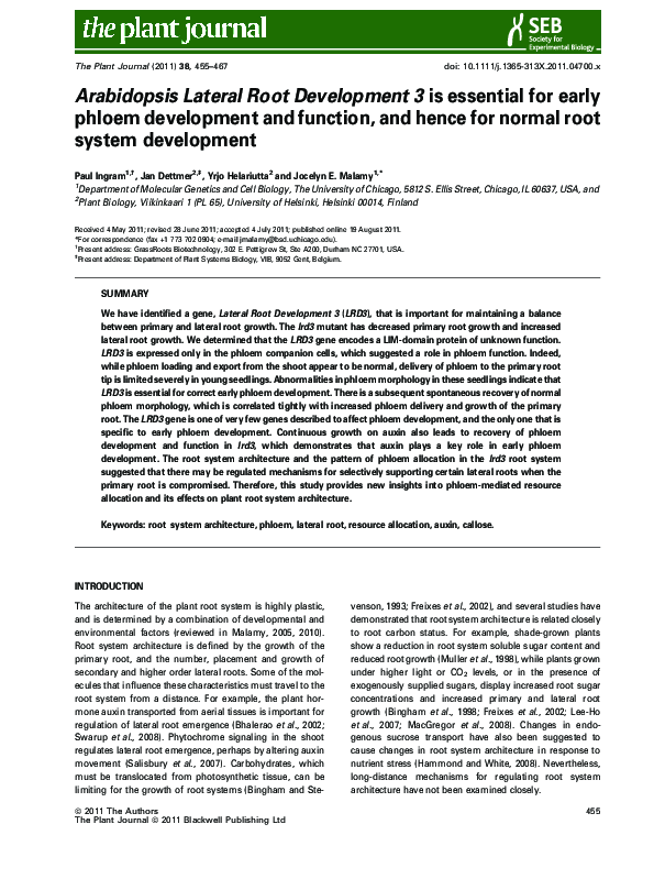 (PDF) Arabidopsis Lateral Root Development 3 is essential for early ...