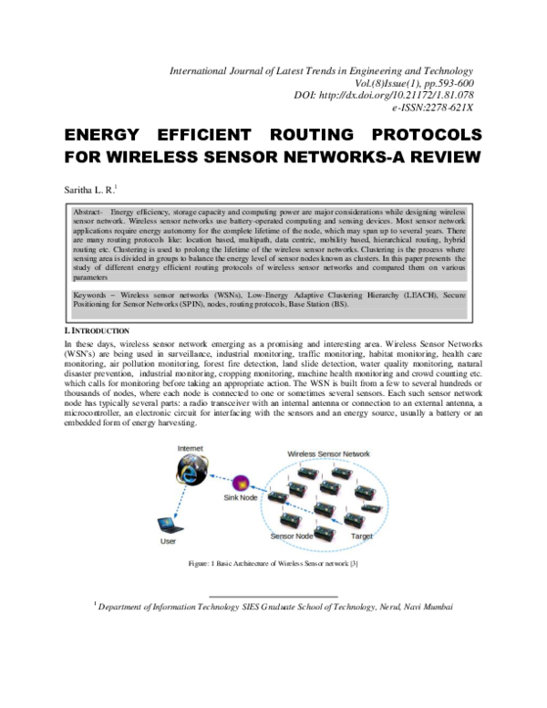 (PDF) Energy- Efficient Routing Protocols For Wireless Sensor Network : A Review