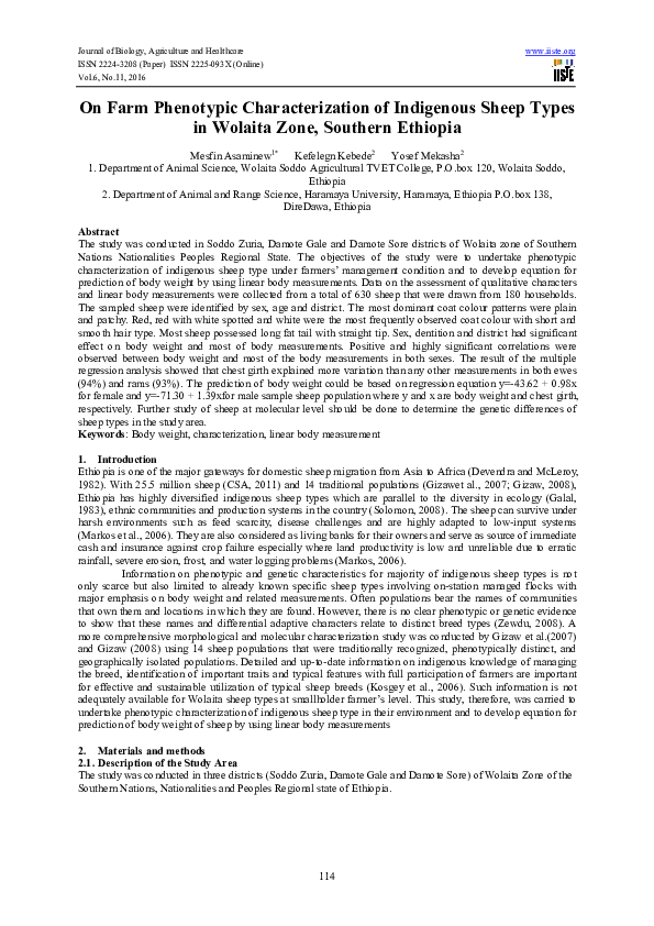 (PDF) On Farm Phenotypic Characterization of Indigenous Sheep Types in Wolaita Zone, Southern ...