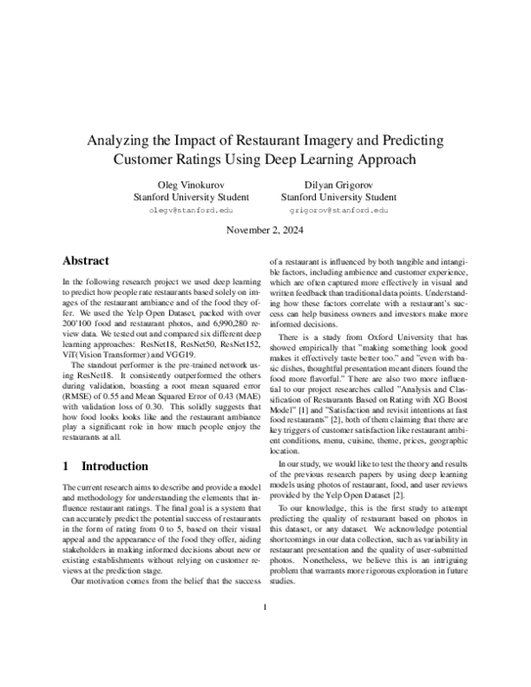 (PDF) Deep Learning to Predict Restaurant Ratings