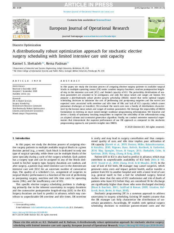 (PDF) A distributionally robust optimization approach for stochastic elective surgery scheduling ...