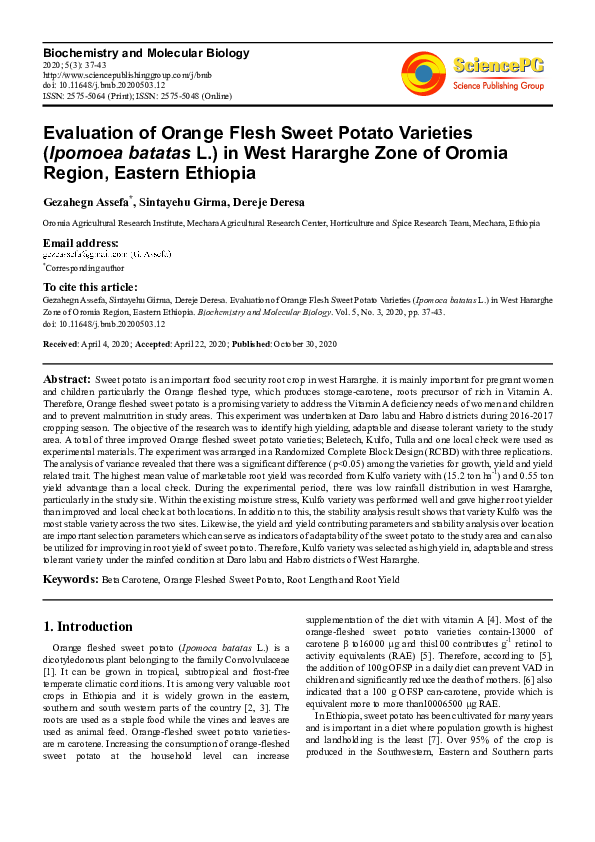 (PDF) Evaluation of Orange Flesh Sweet Potato Varieties ( Ipomoea batatas L.) in West Hararghe ...