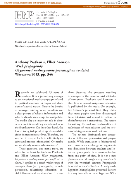 (PDF) Anthony Pratkanis, Elliot Aronson Wiek propagandy. Używanie i nadużywanie perswazji na co ...