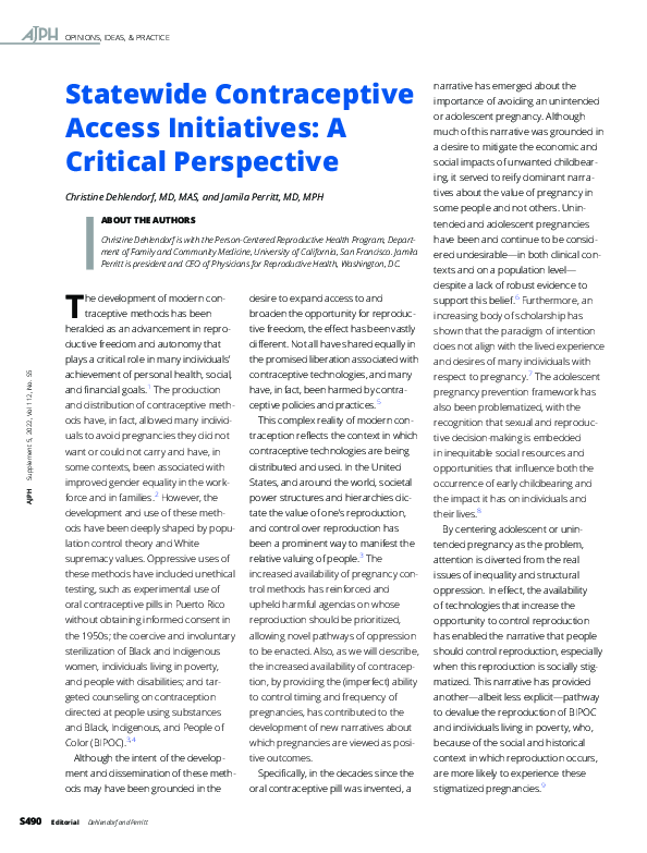 (PDF) Statewide Contraceptive Access Initiatives: A Critical Perspective