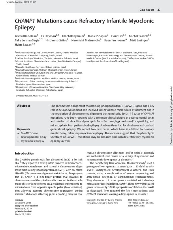 (PDF) CHAMP1 Mutations cause Refractory Infantile Myoclonic Epilepsy