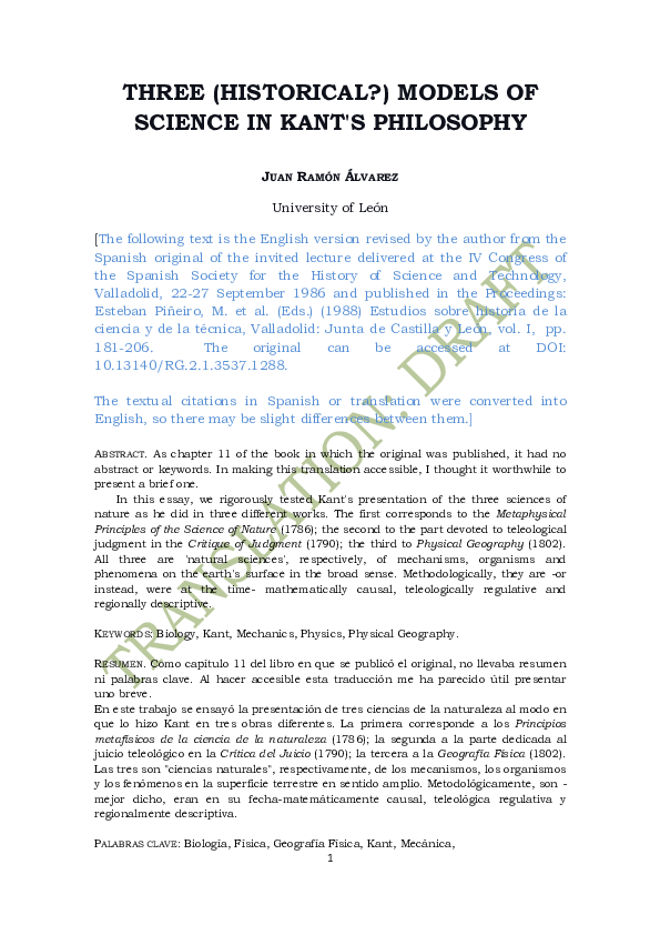 (PDF) Kant Three (historical?) models of science in Kant`s philosophy