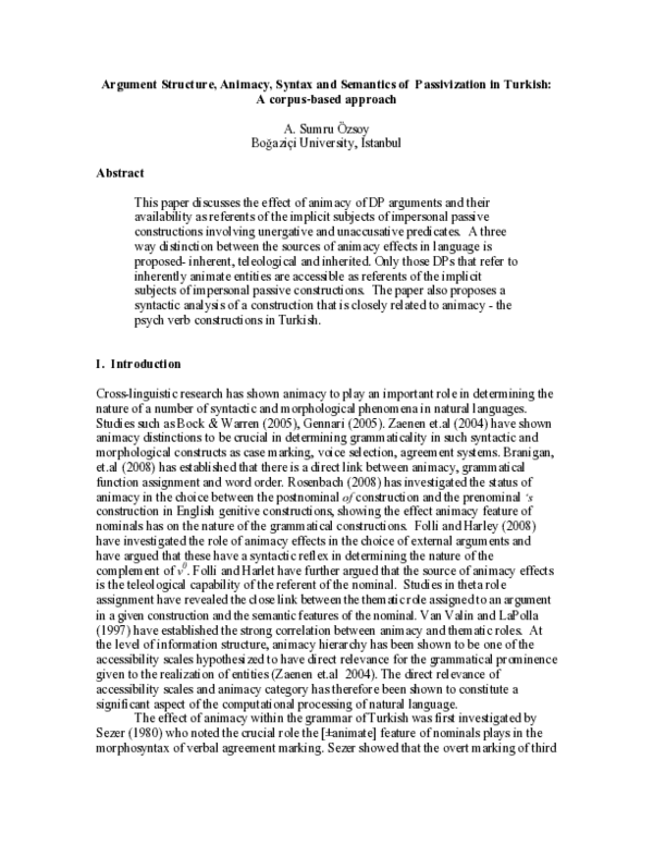 (PDF) Argument structure, animacy, syntax and semantics of passivization in Turkish: A corpus ...