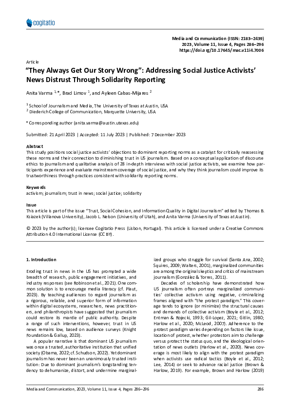 (PDF) “They Always Get Our Story Wrong”: Addressing Social Justice Activists’ News Distrust ...