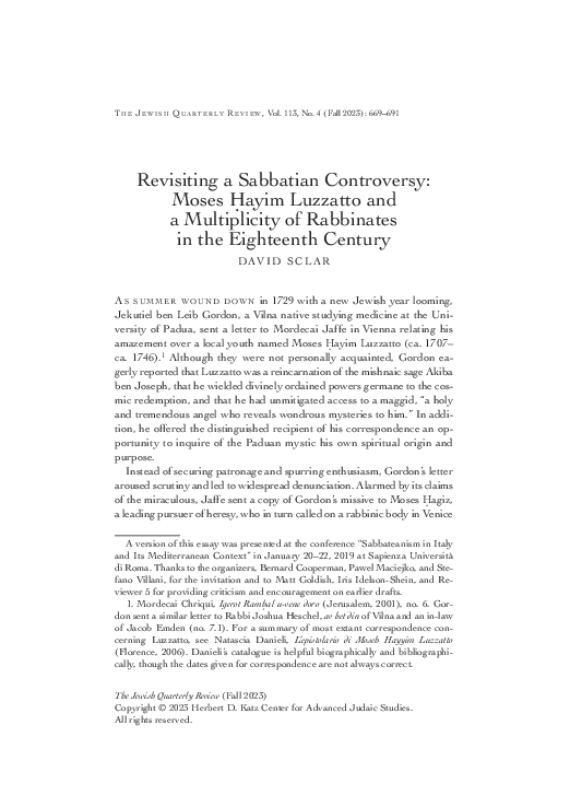 (PDF) David Sclar, "Revisiting a Sabbatian Controversy: Moses Hayim ...