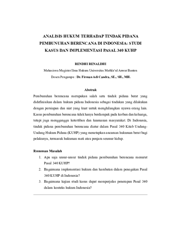 (PDF) ANALISIS HUKUM TERHADAP TINDAK PIDANA PEMBUNUHAN BERENCANA DI INDONESIA