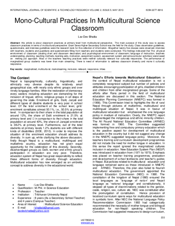 (PDF) Mono-Cultural Practices In Multicultural Science Classroom