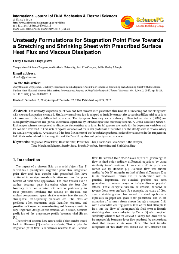 (PDF) Unsteady Formulations for Stagnation Point Flow Towards a Stretching and Shrinking Sheet ...