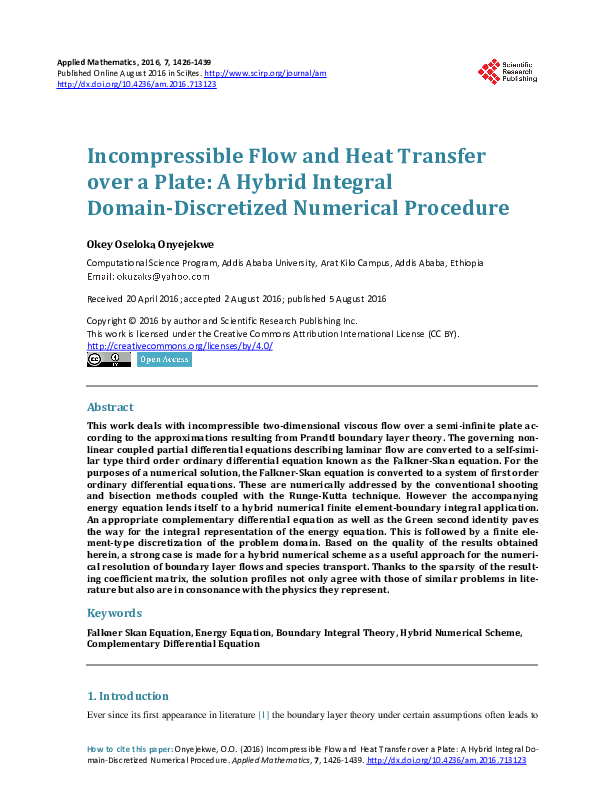 (PDF) Incompressible Flow and Heat Transfer over a Plate: A Hybrid Integral Domain-Discretized ...