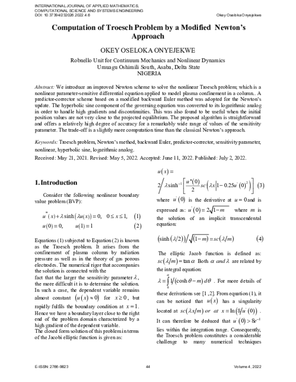 (PDF) Computation of Troesch Problem by a Modified Newton’s Approach