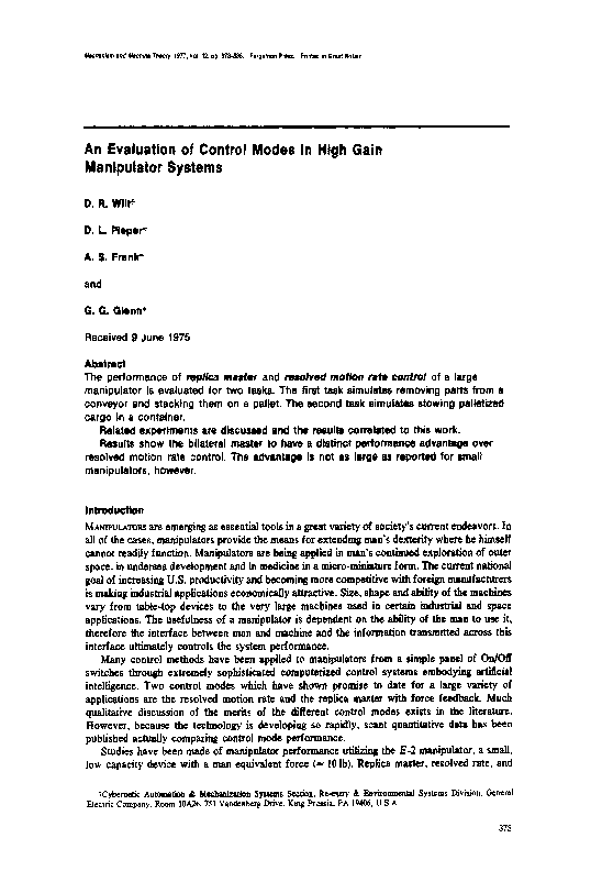 (PDF) An evaluation of control modes in high gain manipulator systems
