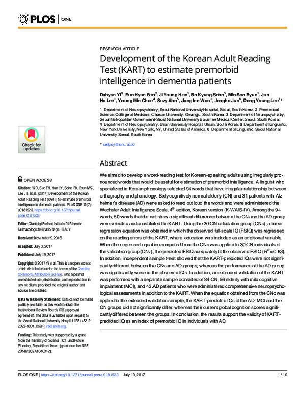 (PDF) Development of the Korean Adult Reading Test (KART) to estimate ...
