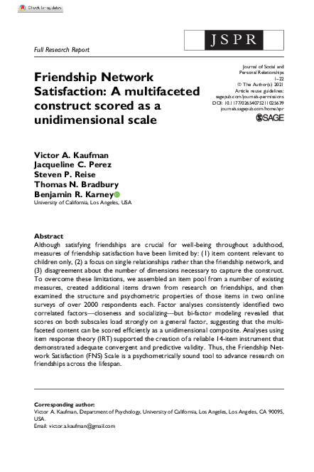 (PDF) Friendship Network Satisfaction: A multifaceted construct scored ...