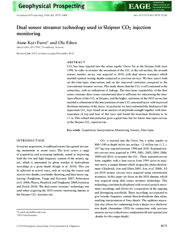 (PDF) Dual sensor streamer technology used in Sleipner CO2injection ...