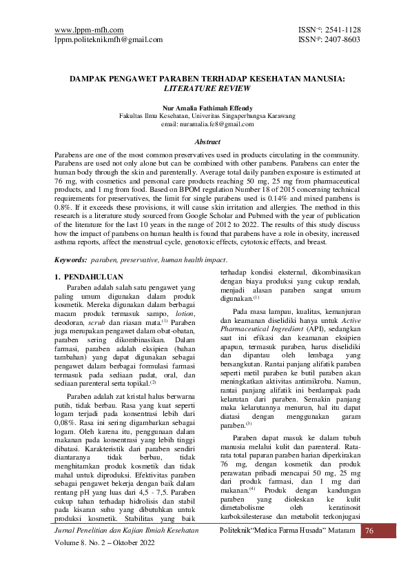 (PDF) Dampak Pengawet Paraben Terhadap Kesehatan Manusia: Literature Review