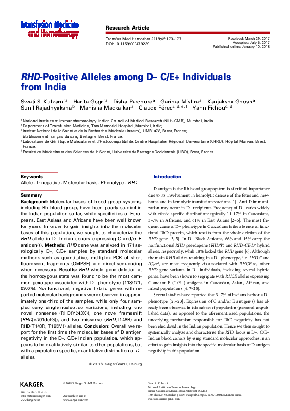 (PDF) RHD-Positive Alleles among D- C/E+ Individuals from India