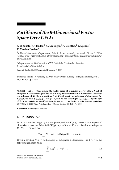(PDF) Partitions of the 8‐dimensional vector space over GF(2)