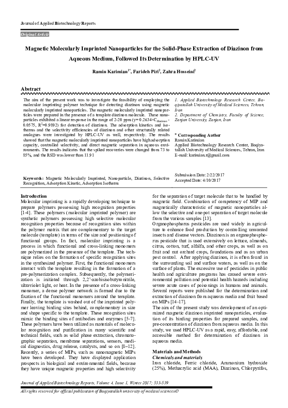(PDF) Magnetic Molecularly Imprinted Nanoparticles for the Solid-Phase Extraction of Diazinon ...