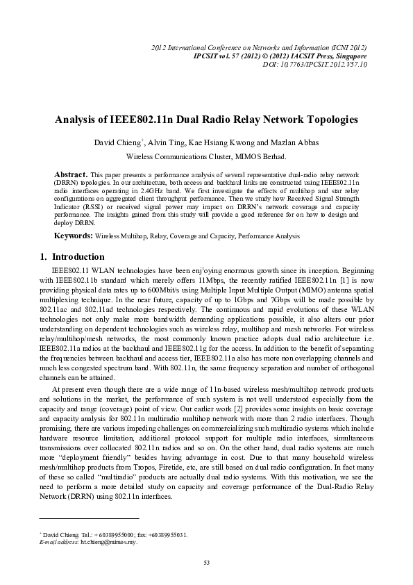 (PDF) Analysis of IEEE802. 11n Dual Radio Relay Network Topologies