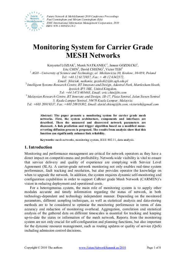 (PDF) Monitoring Carrier Grade Mesh Network Reliability Systems