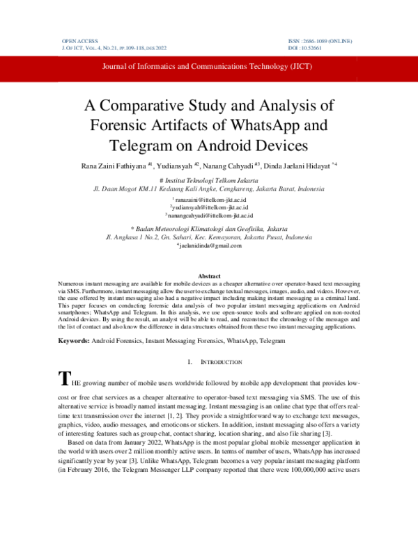 (PDF) Comparative Study and Analysis of Forensic Artifacts of WhatsApp and Telegram on Android ...