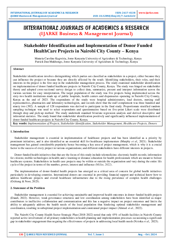 (PDF) Stakeholder Identification and Implementation of Donor Funded HealthCare Projects in ...