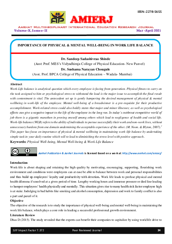 (PDF) Importance of Physical & Mental Well-Being in Work Life Balance