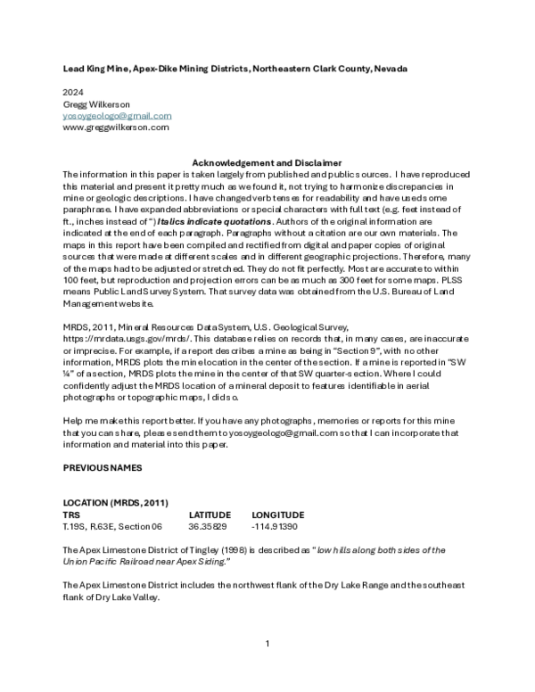 (PDF) Lead King Mine, Apex-Dike Mining Districts, Northeastern Clark ...