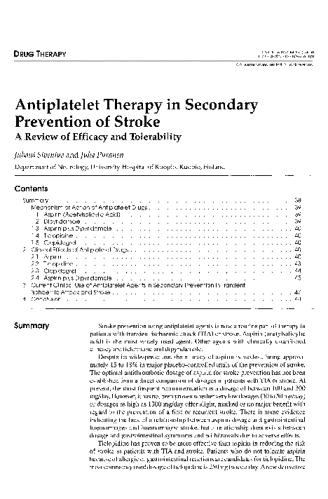(PDF) Antiplatelet Therapy in Secondary Prevention of Stroke